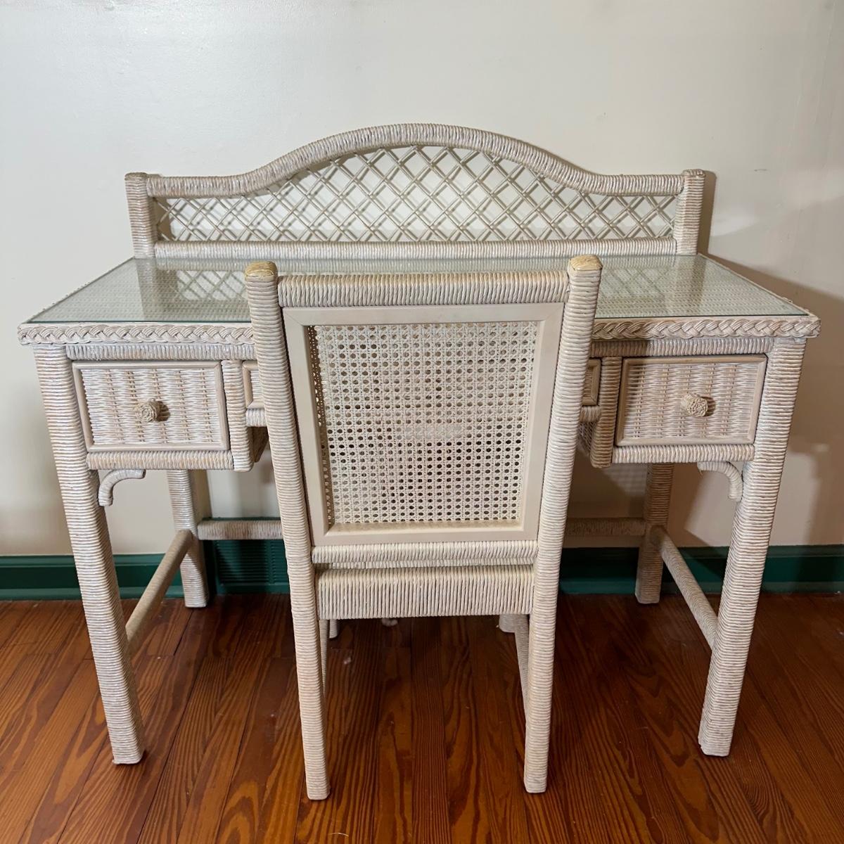 LOT 129X Henry Link White Wicker Glass Top Writing Desk W Chair