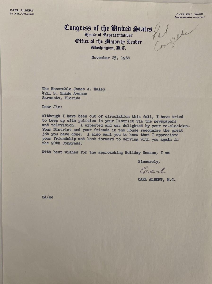 US House of Representatives Carl Albert signed letter | EstateSales.org