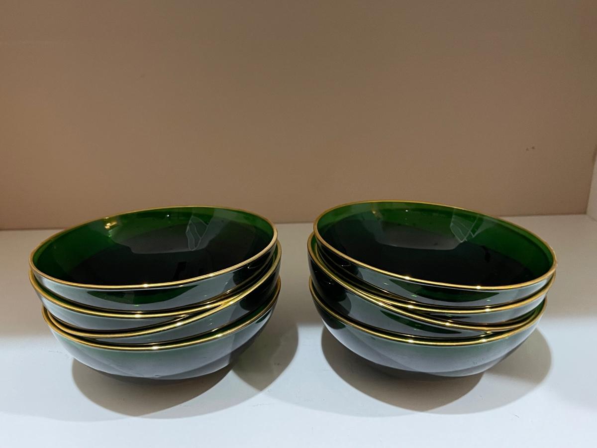 Set of 8 Anchor Hocking Forest Green Bowls with Gold Rims | EstateSales.org