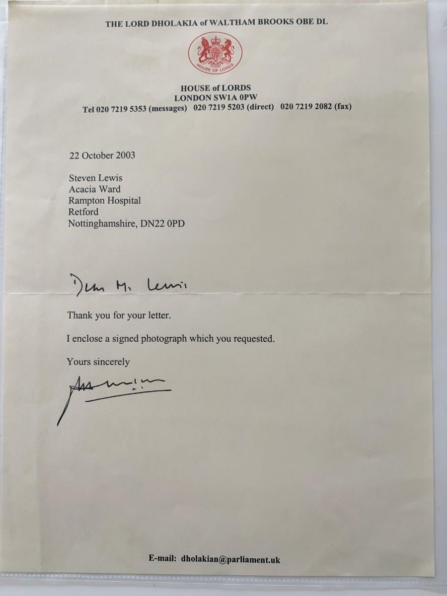 House of Lords Baron Dholakia Signed Letter | EstateSales.org