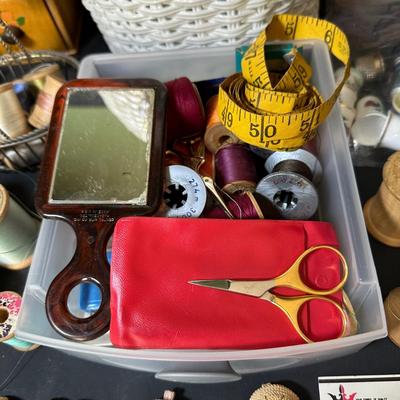 LOT 308S: Wooden Sewing Notions Box w/ Vintage Sewing Materials, Tools ...