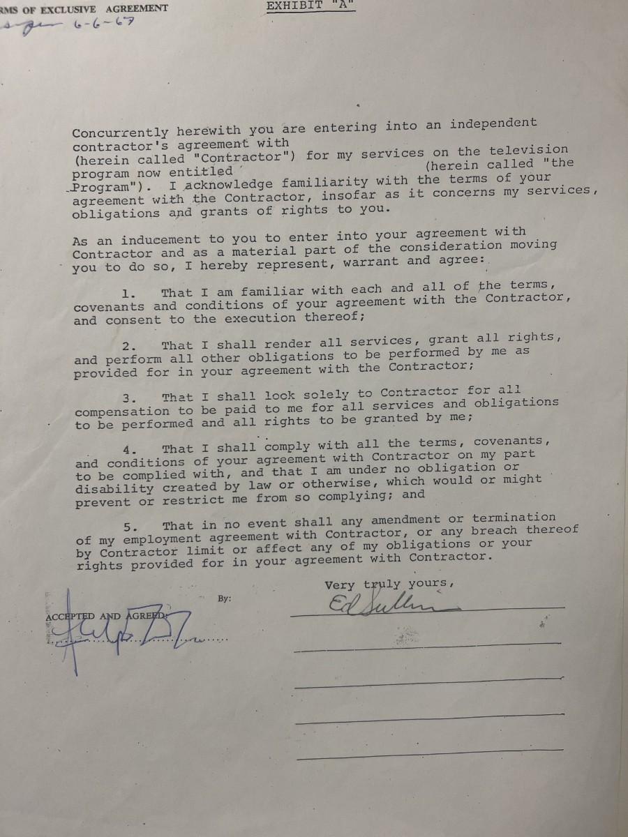 Ed Sullivan signed contract | EstateSales.org