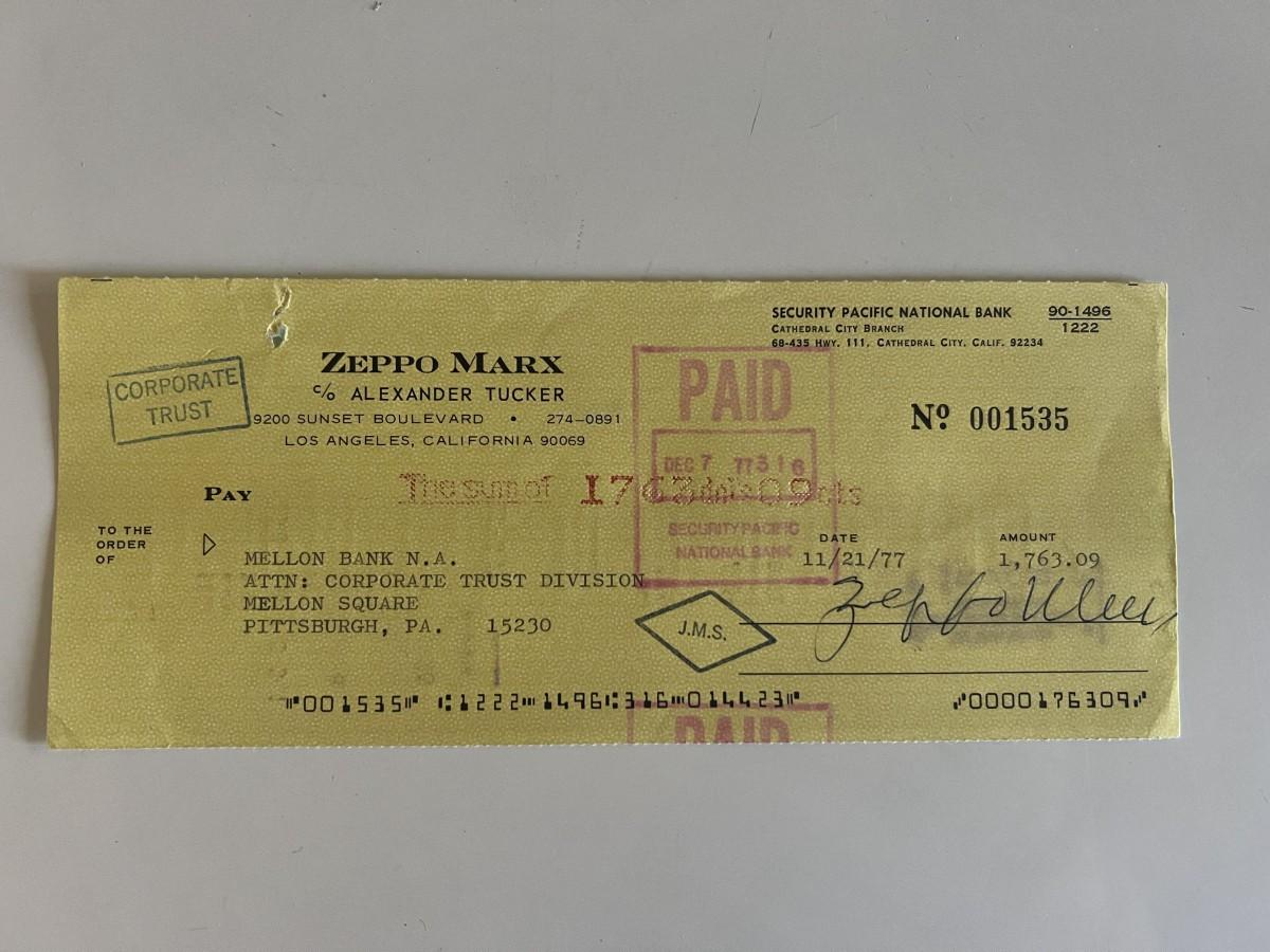 Zeppo Marx signed check | EstateSales.org