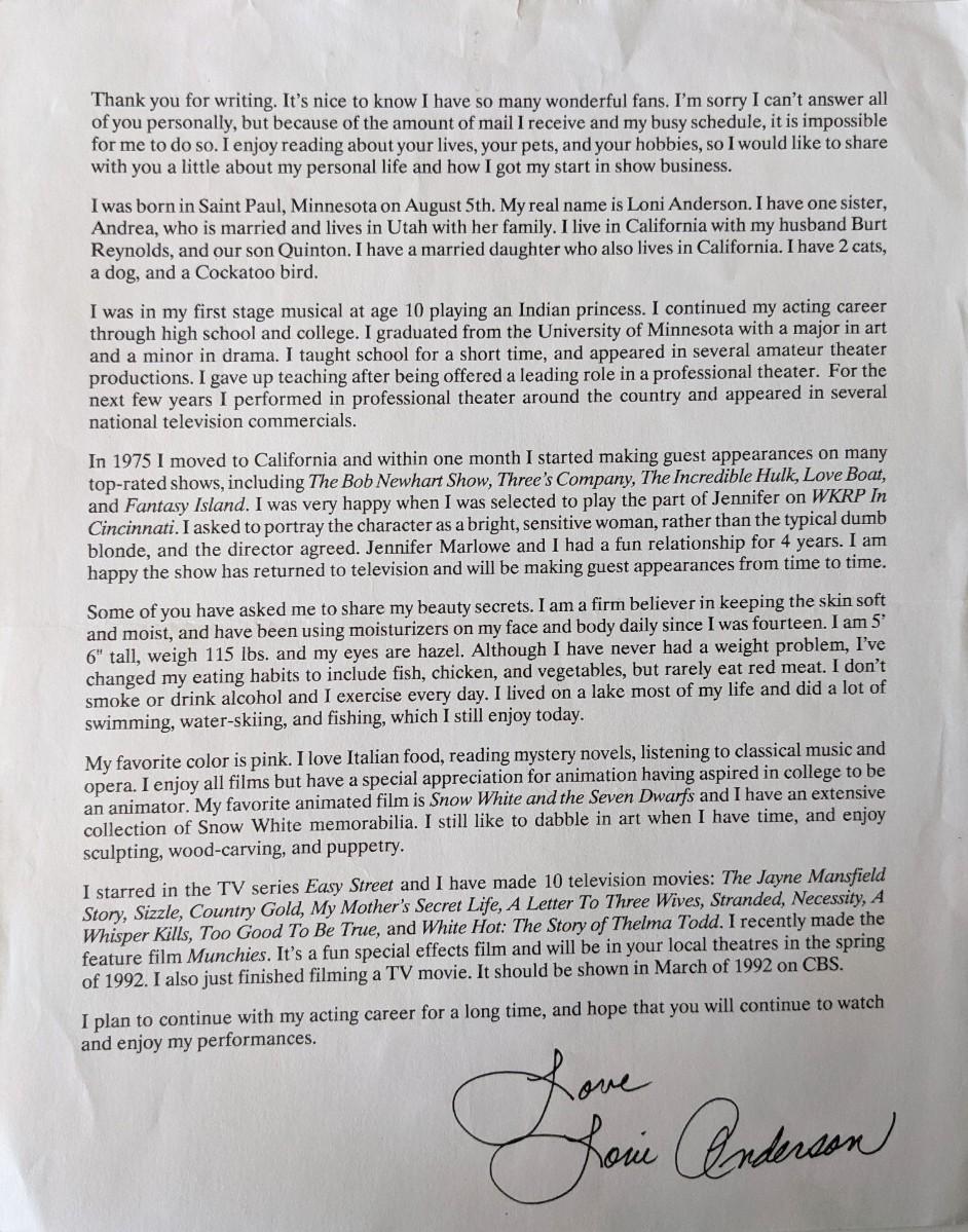 Loni Anderson Facsimile signed letter | EstateSales.org