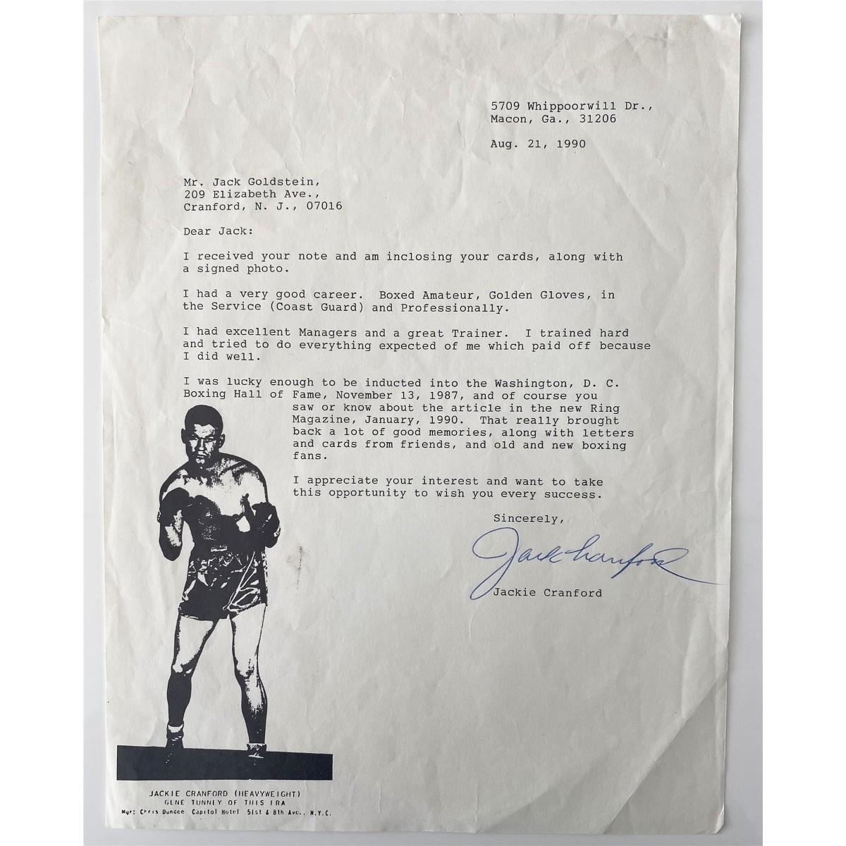 Boxing HOF Jackie Cranford signed letter | EstateSales.org