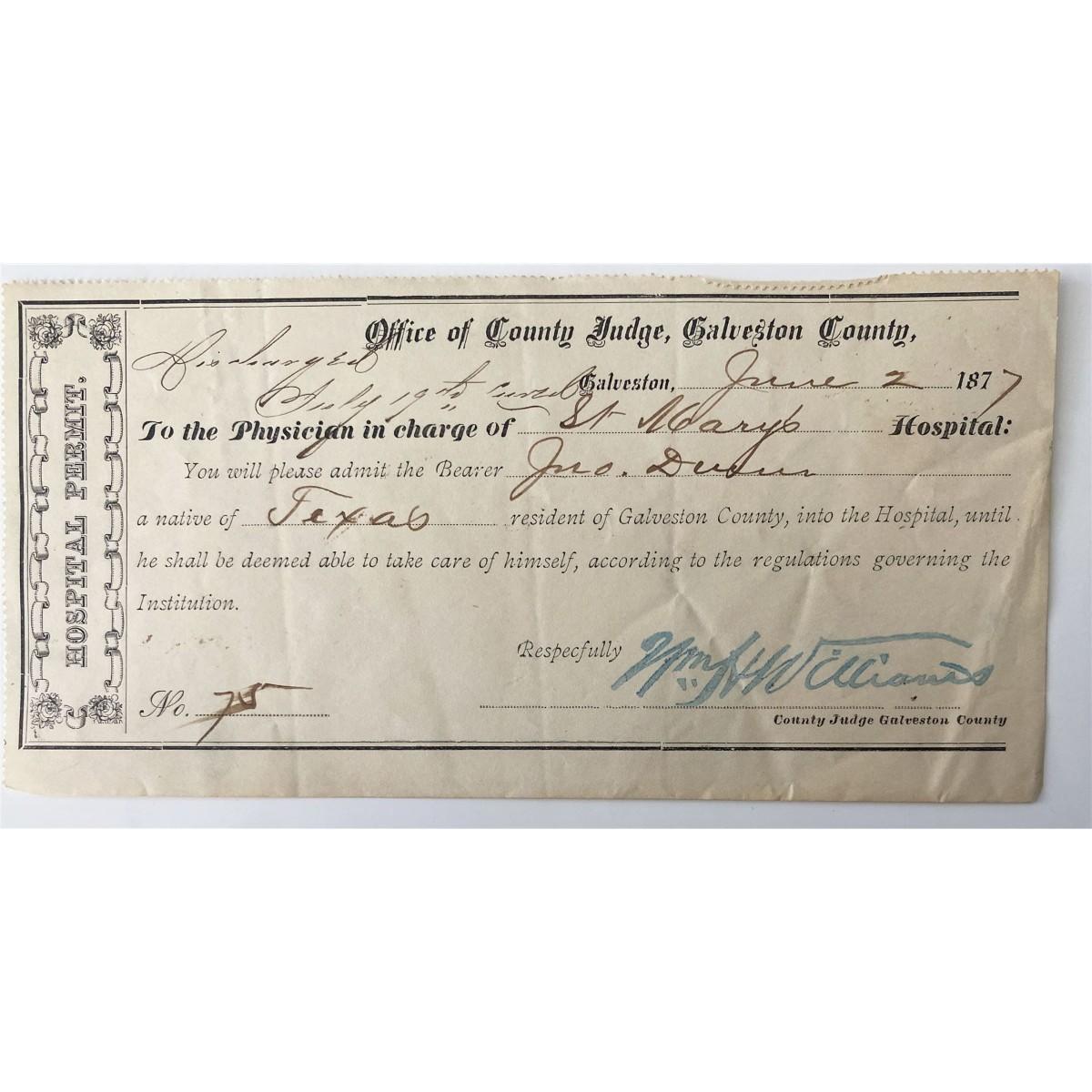 1877 Galveston County Signed Hospital Permit | EstateSales.org