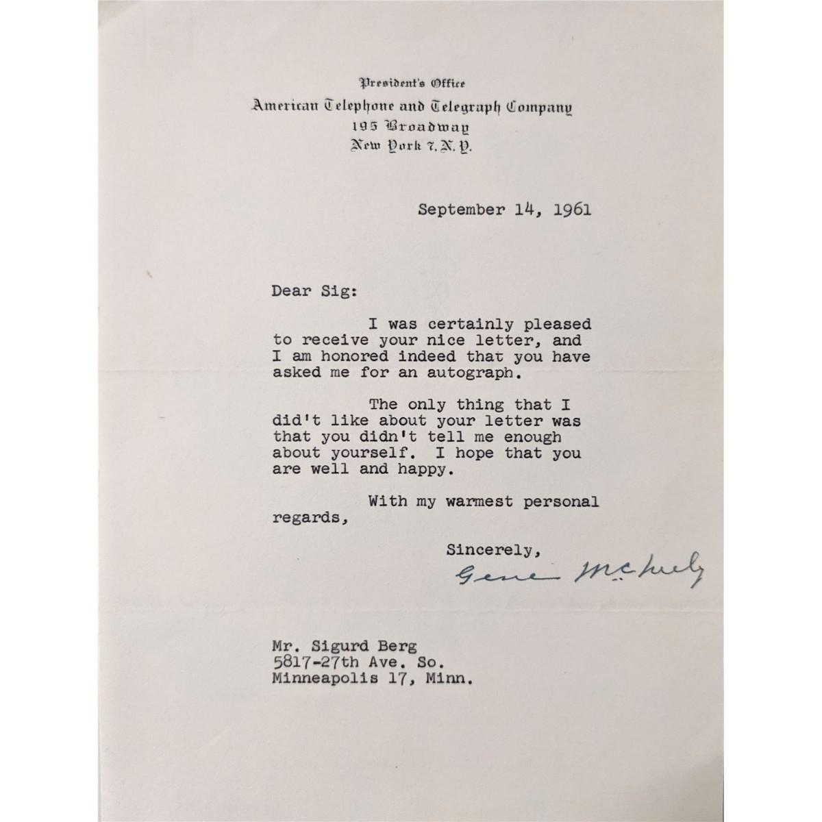 ATT President Gene McNeely Signed Letter | EstateSales.org