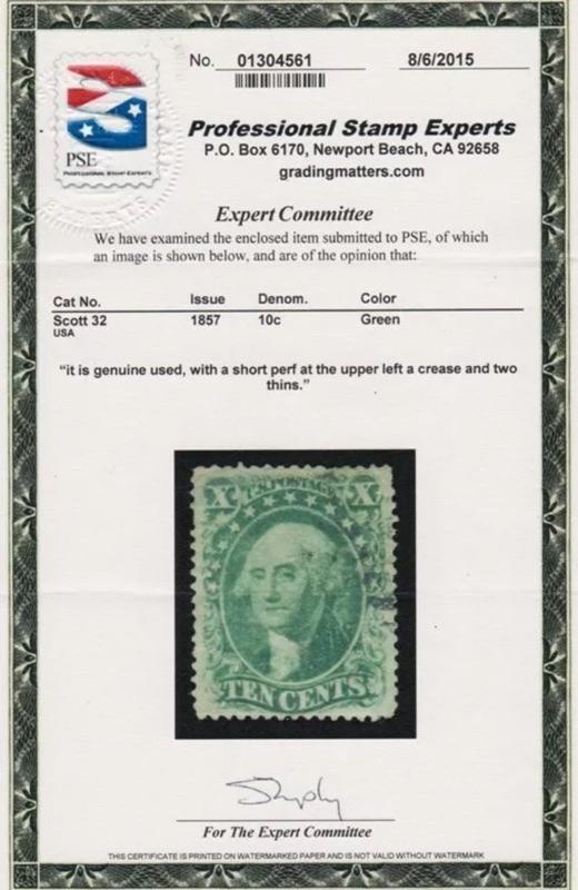 US Stamp- Scott #32 - 1857 10c Washington - Green color - PSE ...