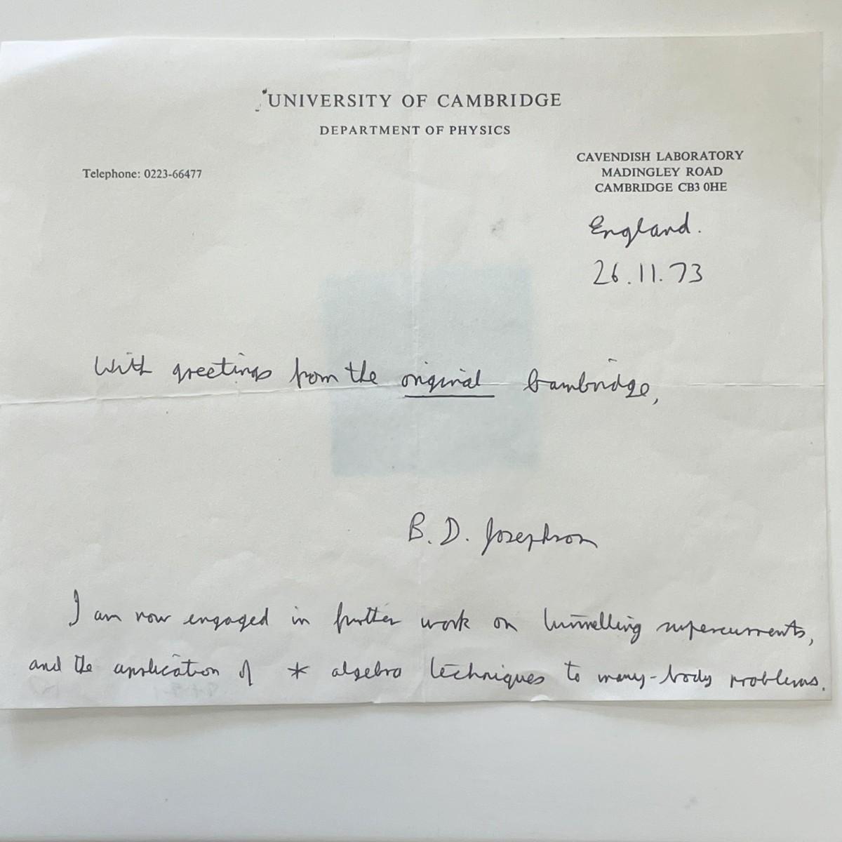 British Physicist Brian Josephson signed letter | EstateSales.org