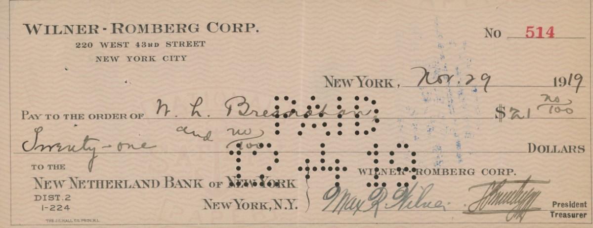 Max R. Wilner and Sigmund Romberg signed check | EstateSales.org