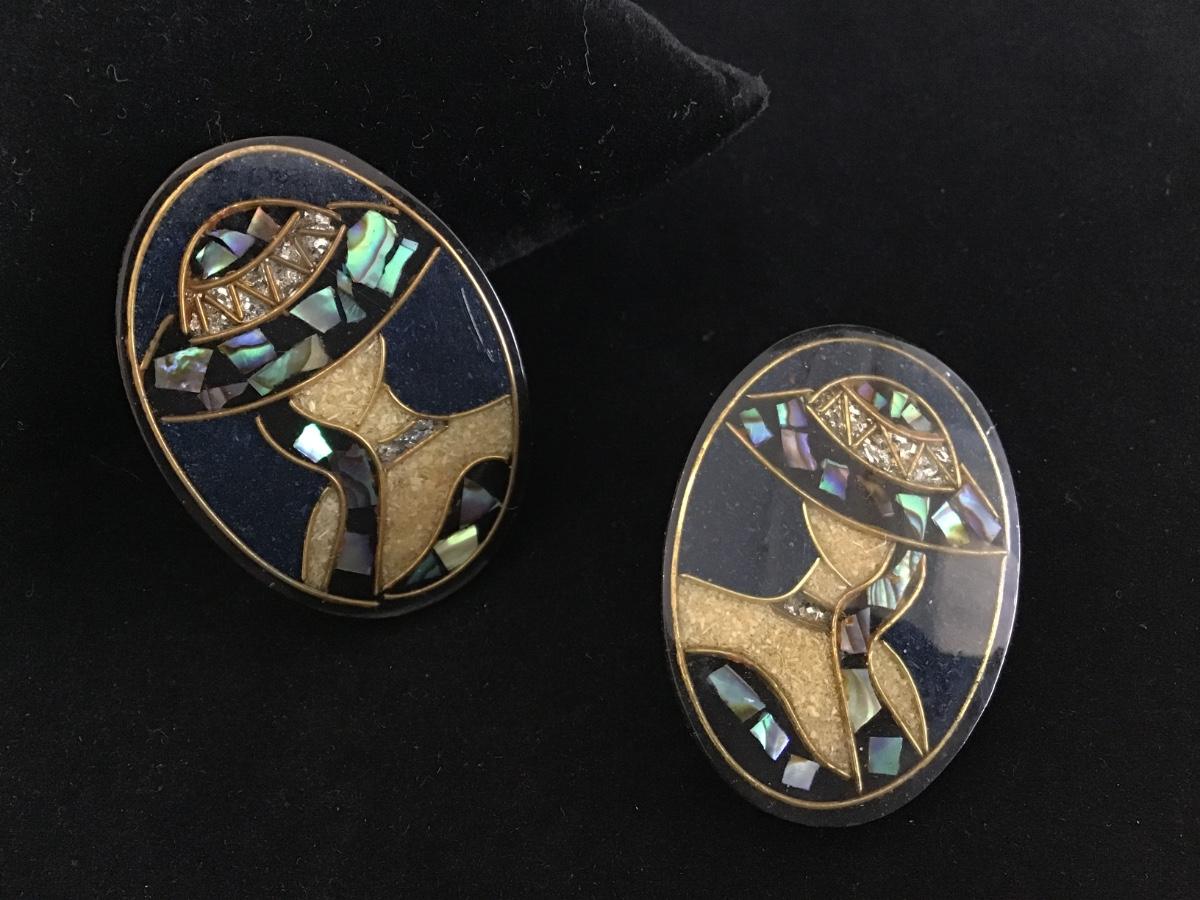 Paua shell inlay Lady in hat Earrings. Beautiful | EstateSales.org