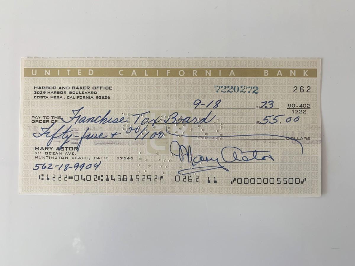 Mary Astor signed check | EstateSales.org