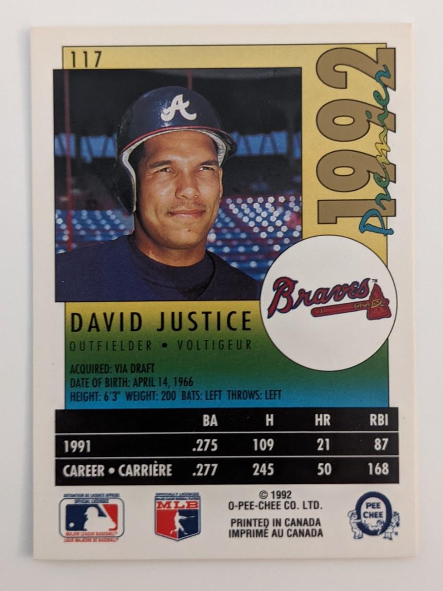 David Justice Braves Premier '92 O-Pee-Chee Baseball Card | EstateSales.org