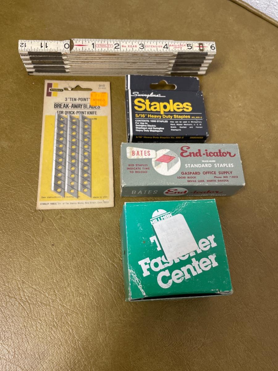 Vintage Stanley fold out ruler, staples and blades | EstateSales.org