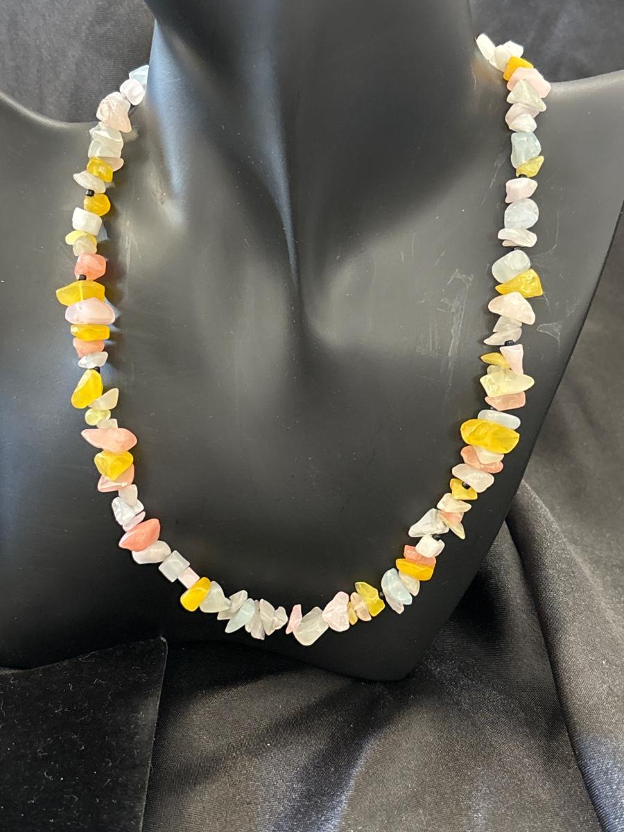 Semi-Precious Stone Chip Necklace Bohemian Style Gold Tone Accents ...