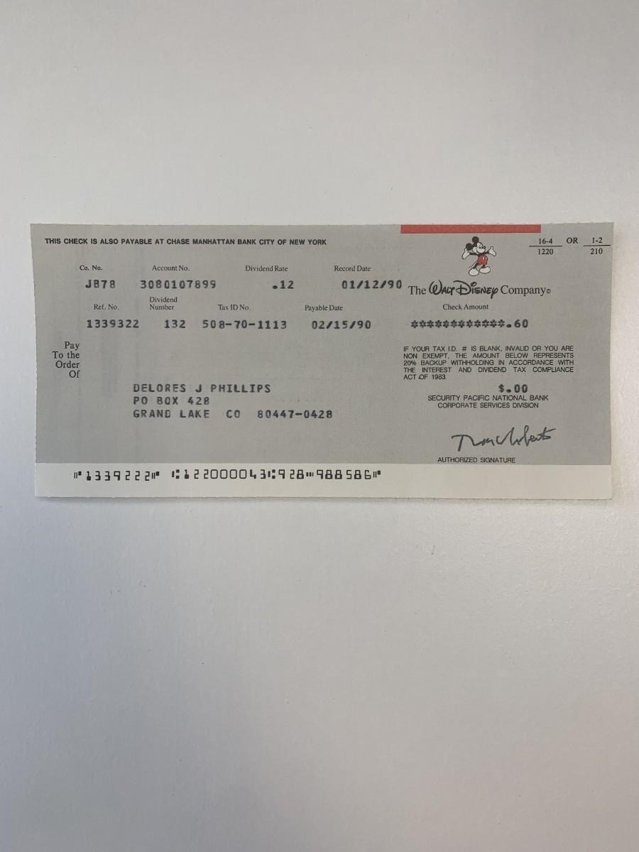 Walt Disney stock dividend check | EstateSales.org