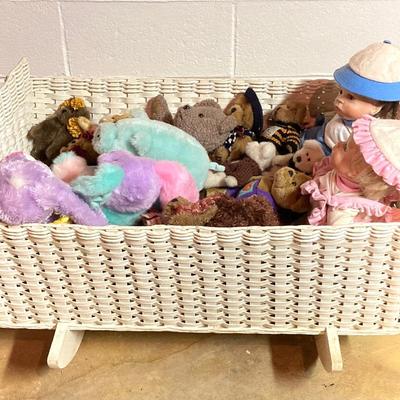 LOT 72: White Wicker / Wood Rocking Baby Cradle filled with a Variety ...