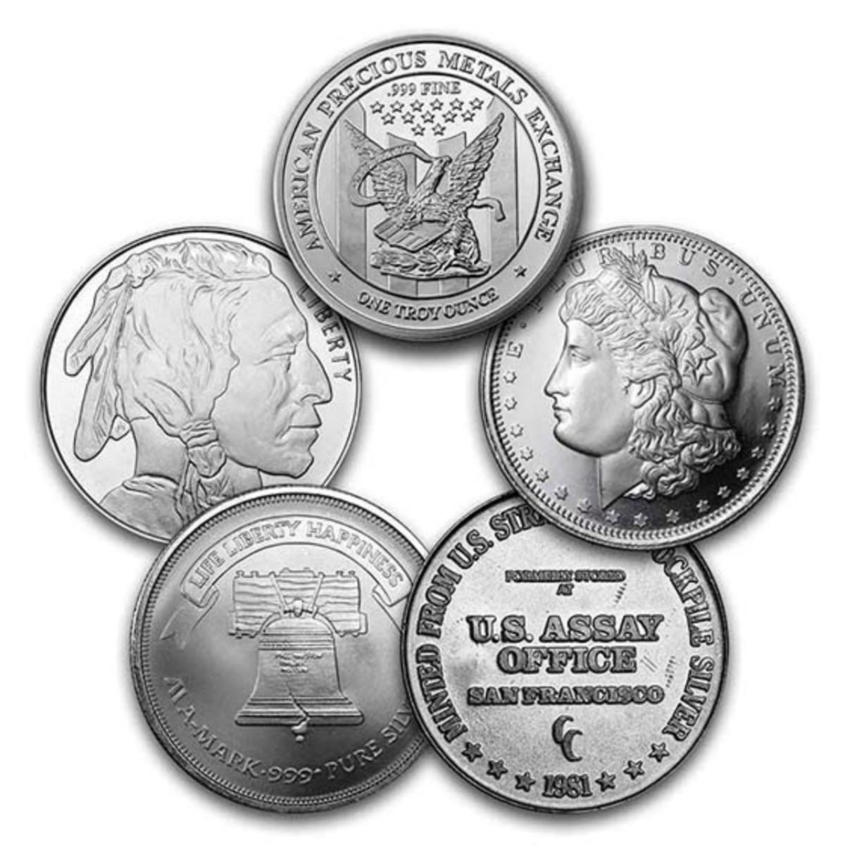 1 oz Silver Round - Design Varies - Secondary Market - Qty 5 ...