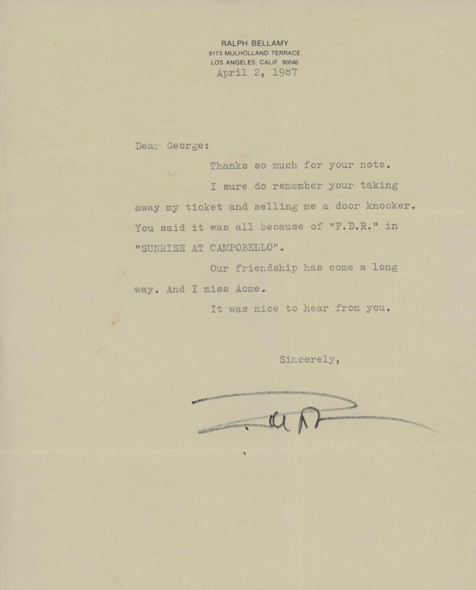The Awful Truth Ralph Bellamy signed letter | EstateSales.org