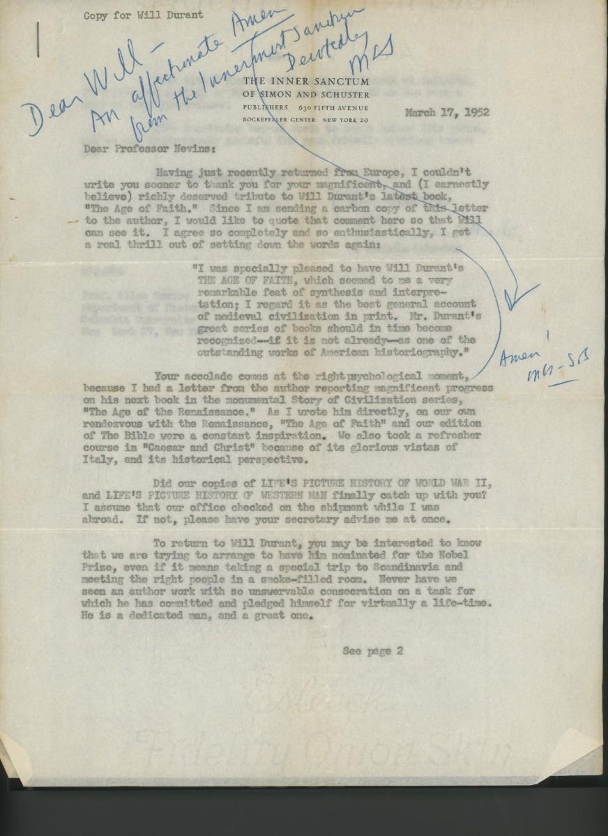 Simon and Shuster founder Max Schuster signed letter | EstateSales.org