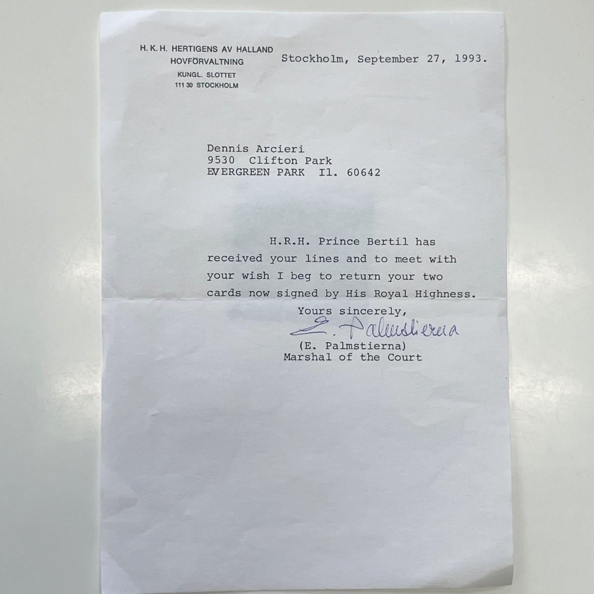 Swedish Politician Erik Palmstierna signed letter on behalf of H.R.H ...