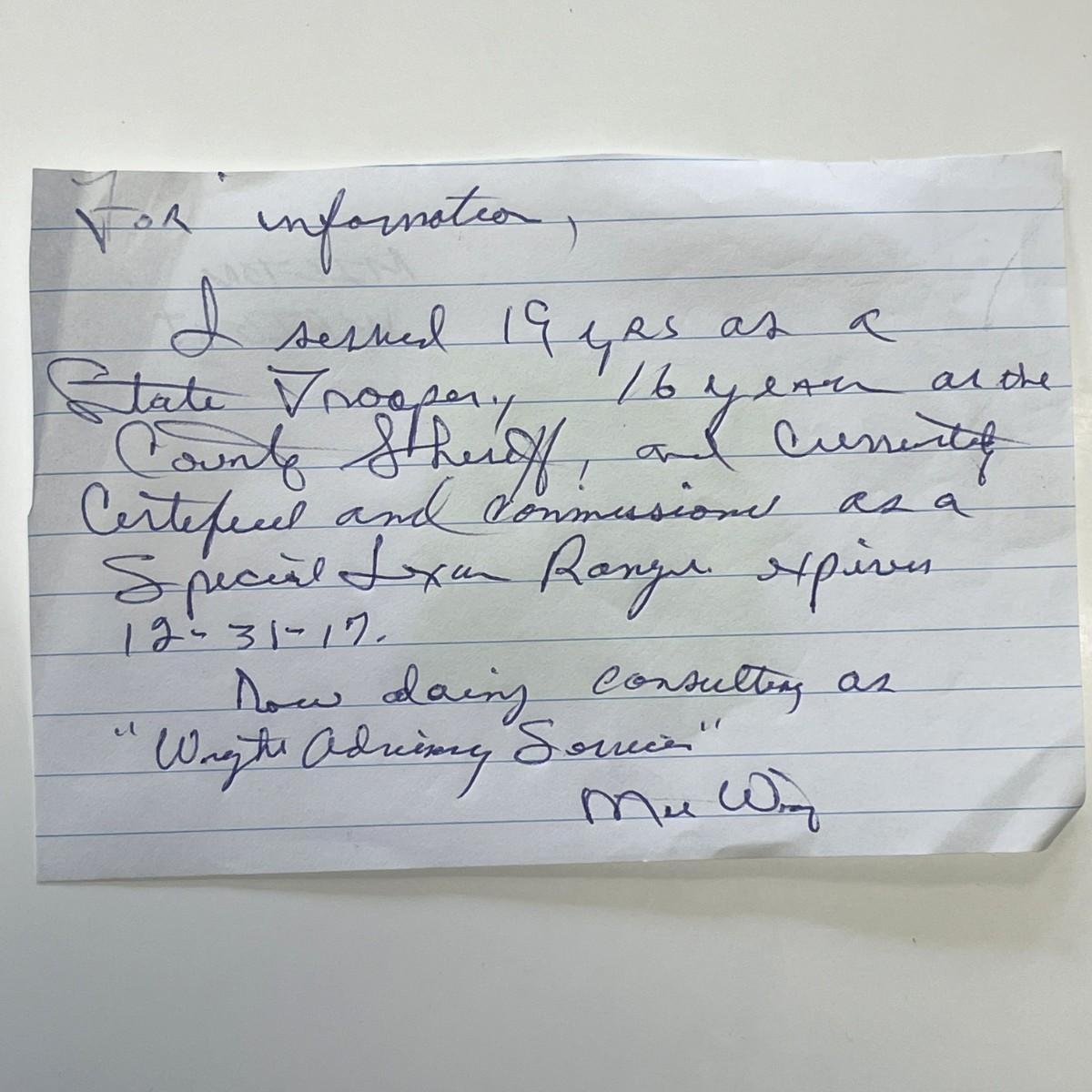 JFK assassination Sheriff Milton Wright signed note | EstateSales.org