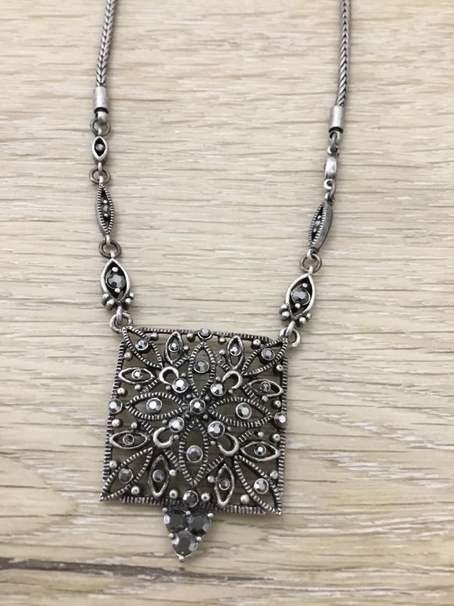 Silver Tone Openwork Filigree Marcasite Square Pendant 16" Snake Chain ...