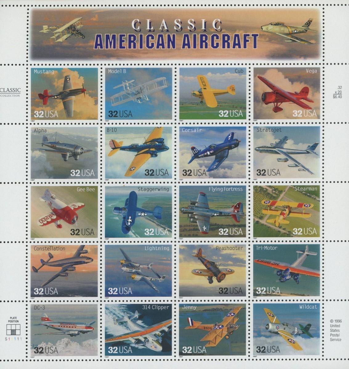 USPS 1997 Classic American Aircraft - Sheet of Twenty Stamps ...