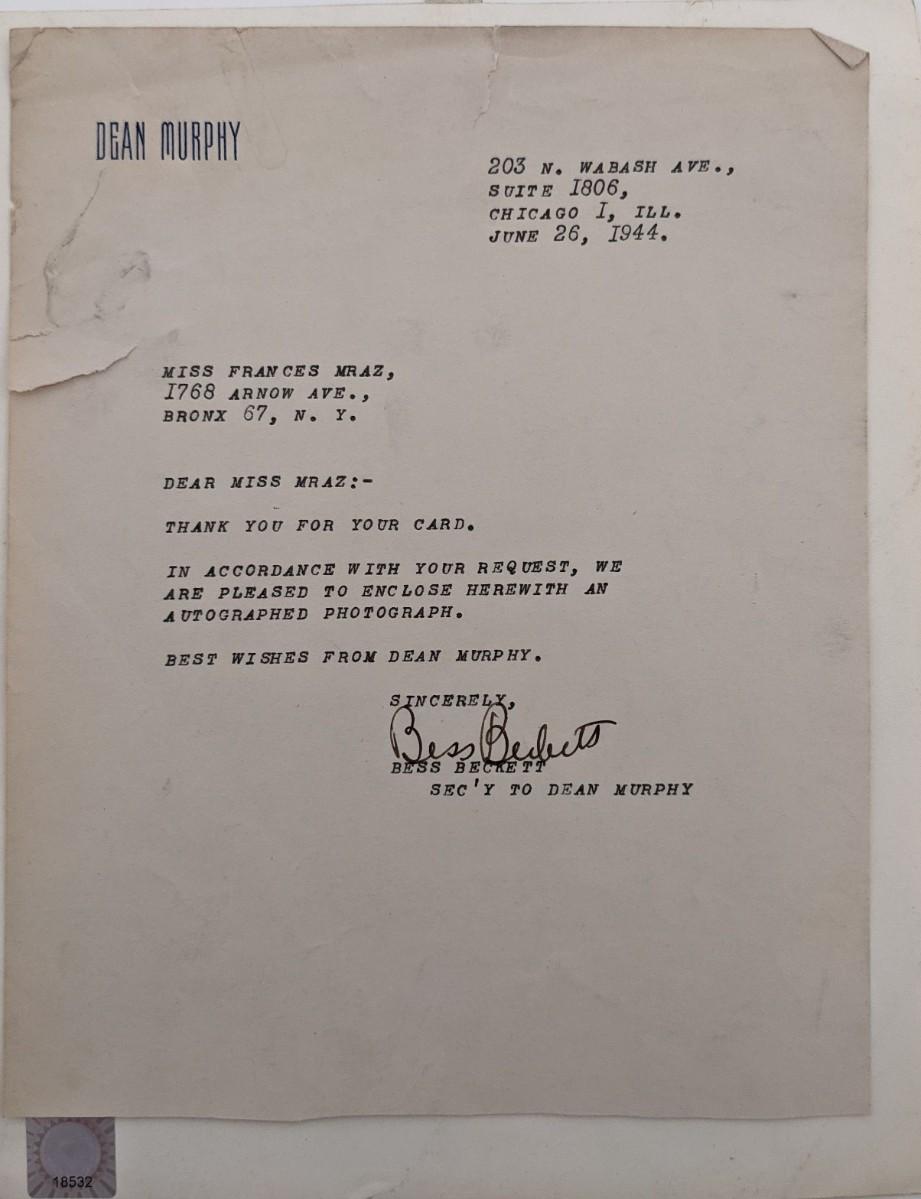 Dean Murphy Signed Photo and Letter | EstateSales.org