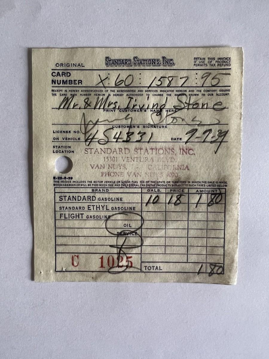 Irving Stone signed gas receipt | EstateSales.org