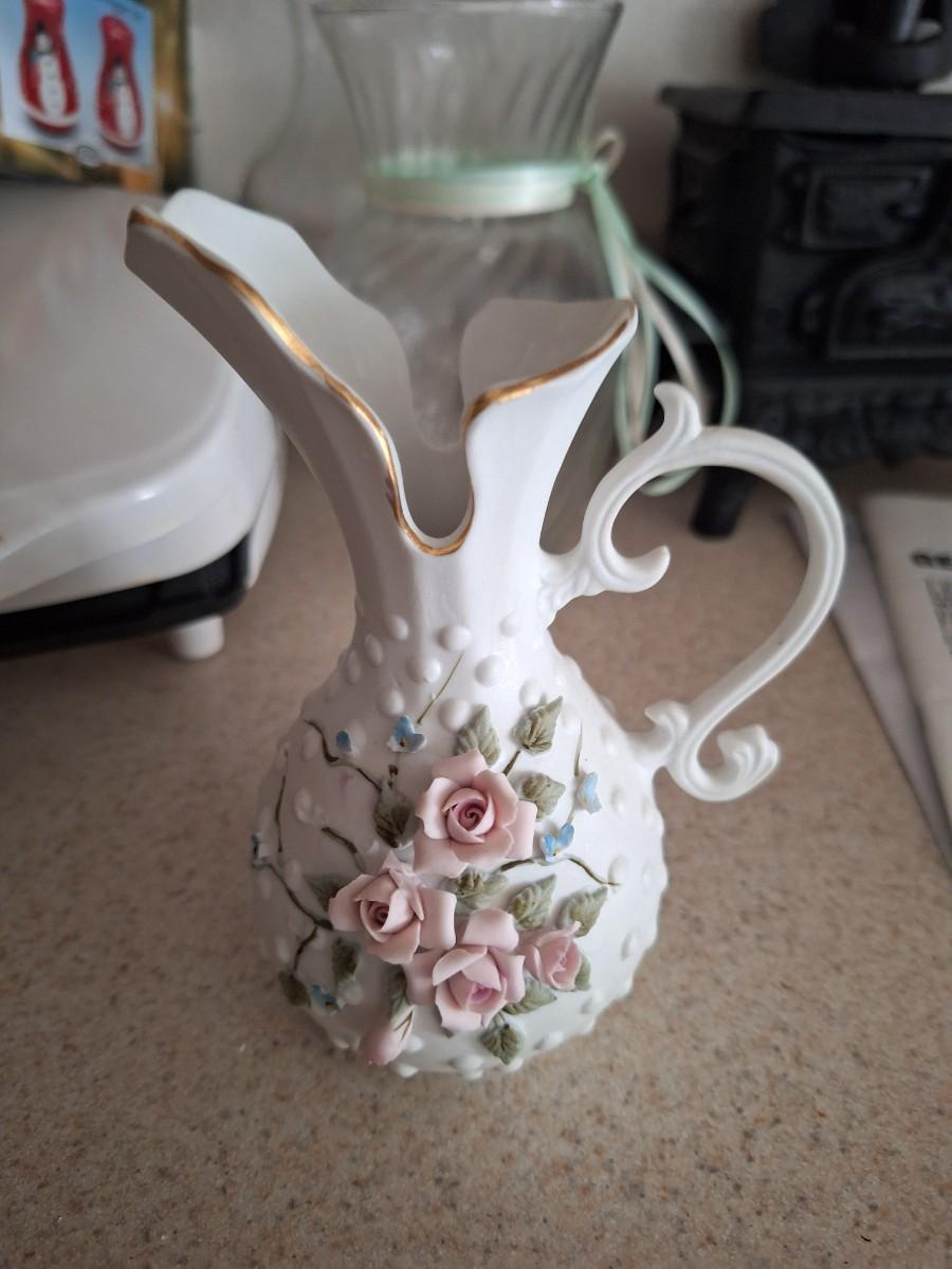 Lefton China Hand Painted White 3D Roses Pitcher | EstateSales.org