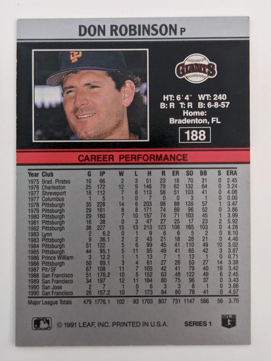 Don Robinson Signed Baseball Trading Card - Leaf #188 1991 ...