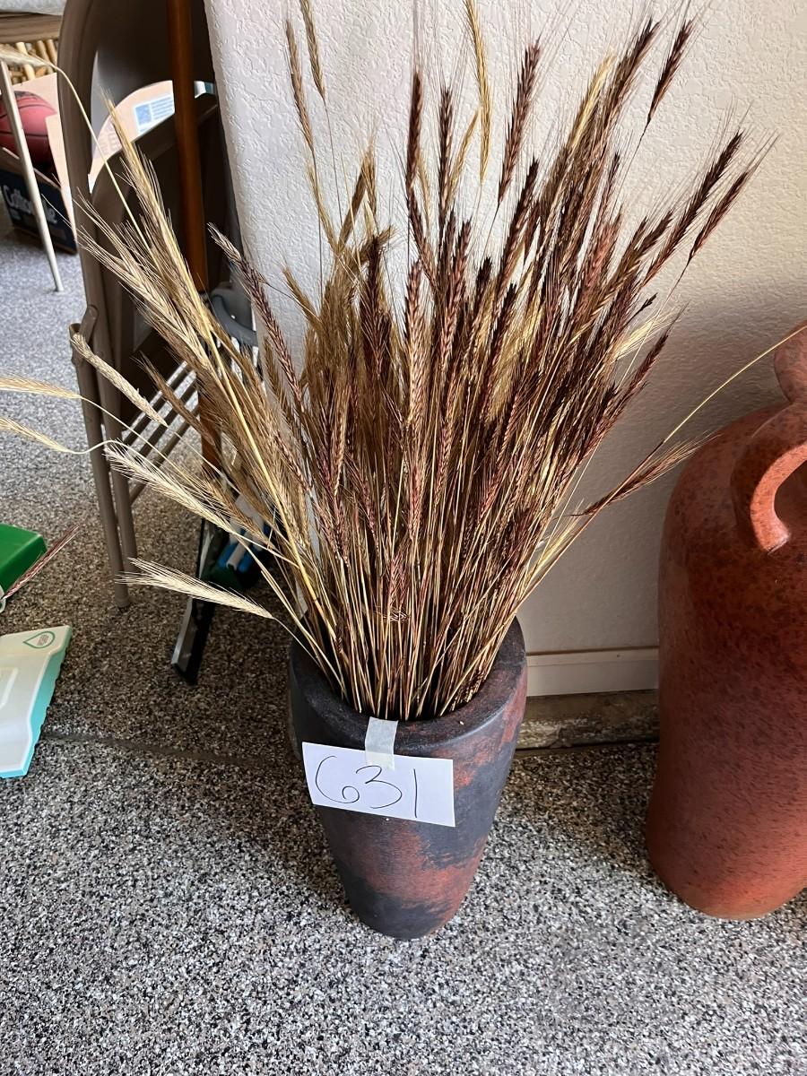 Brown/Red Clay Vase W/Fake Barley | EstateSales.org