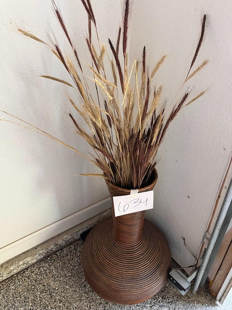 Rounded Bottom, Spiral, Tall, Brown Vase W/Fake Barley | EstateSales.org