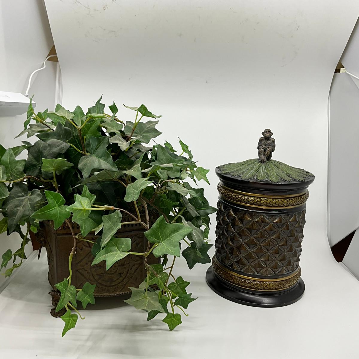 852 Decorative Monkey Canister With Faux Ivy Greenery | EstateSales.org