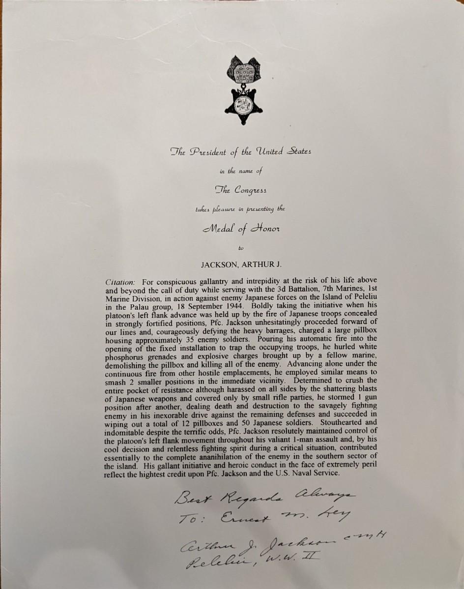 WW2 MOH Recipient Arthur J. Jackson Signed Page | EstateSales.org