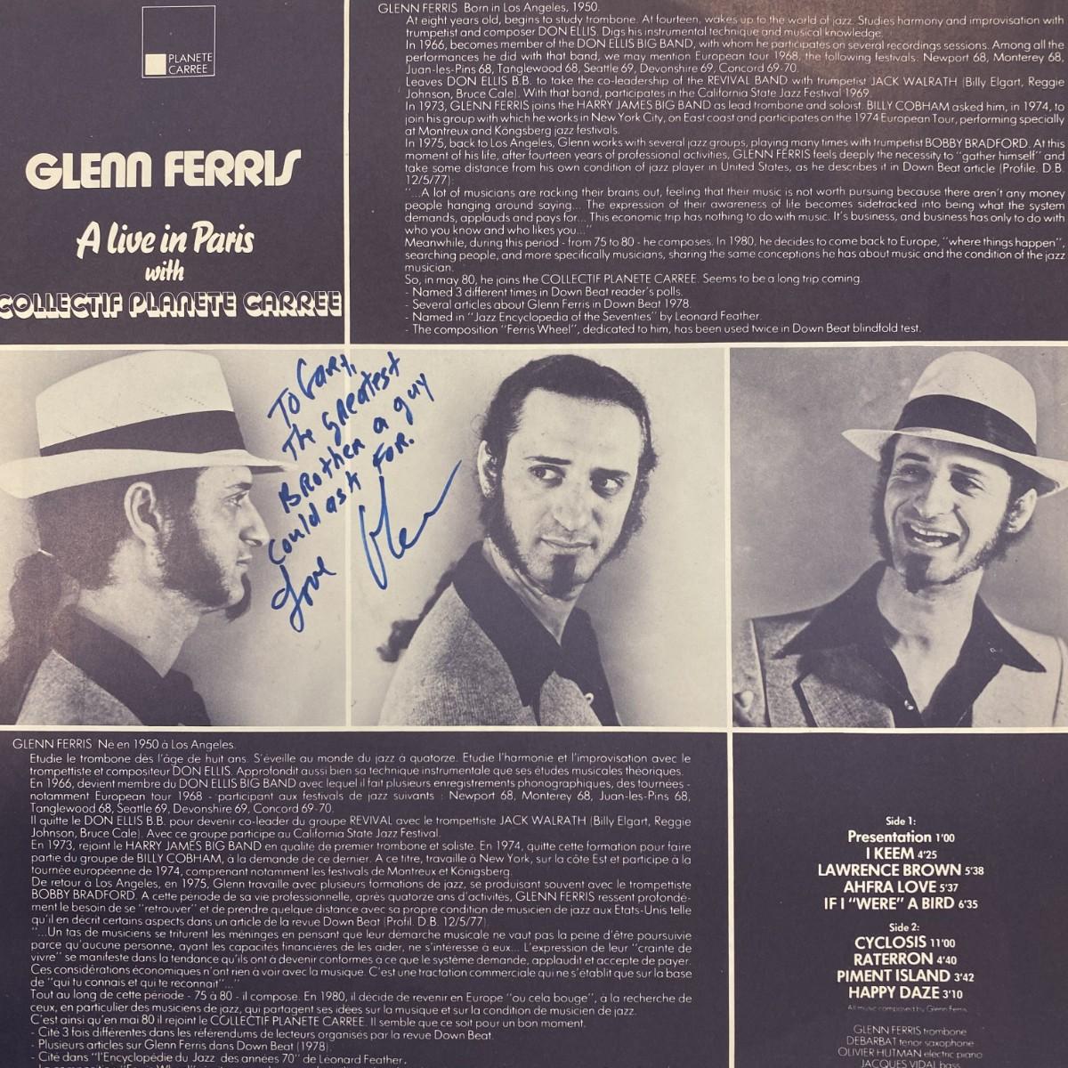 Glenn Ferris Alive in Paris signed album insert | EstateSales.org
