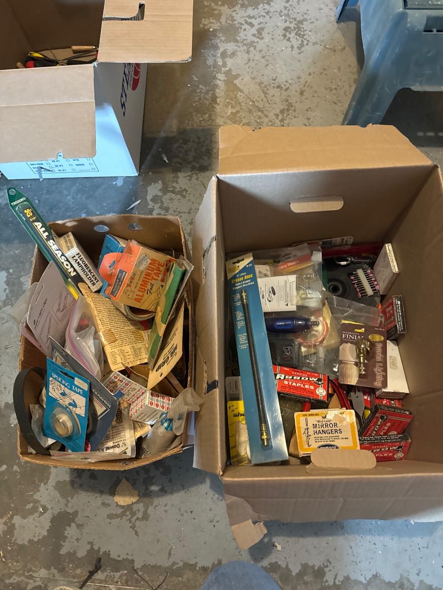 Two boxes of hardware and household supplies | EstateSales.org