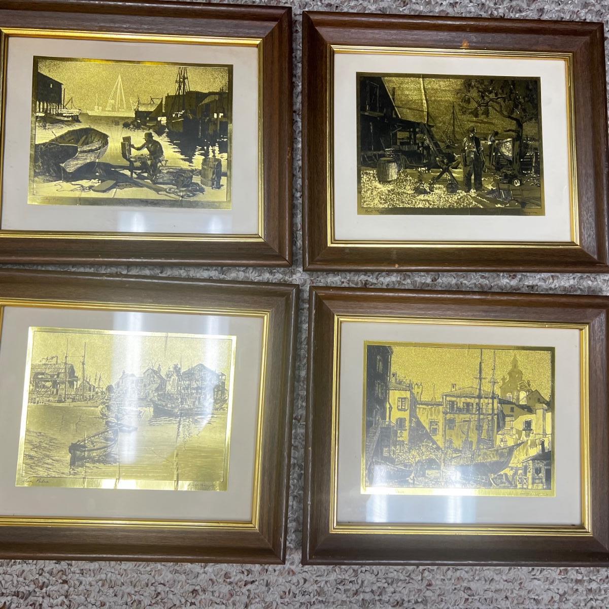 Set of 4 Original Drawings on Gold Paper By Artist | EstateSales.org