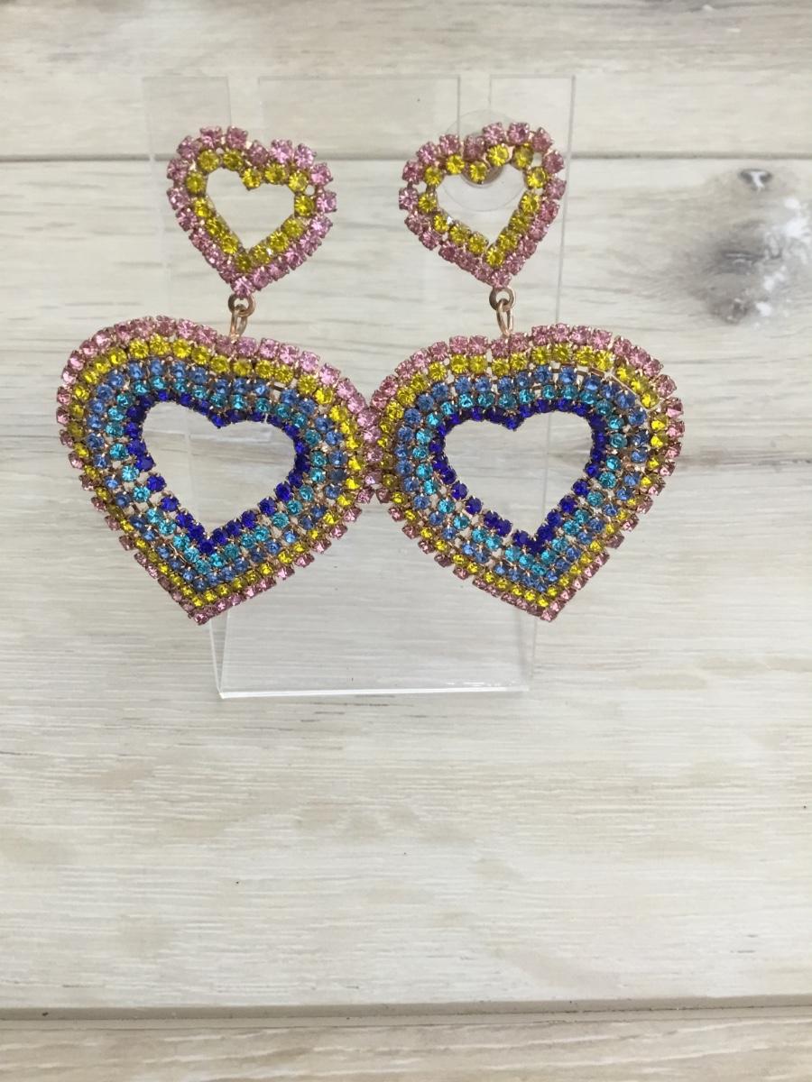 Multi colored rhinestone, encrusted heart fashion earrings ...