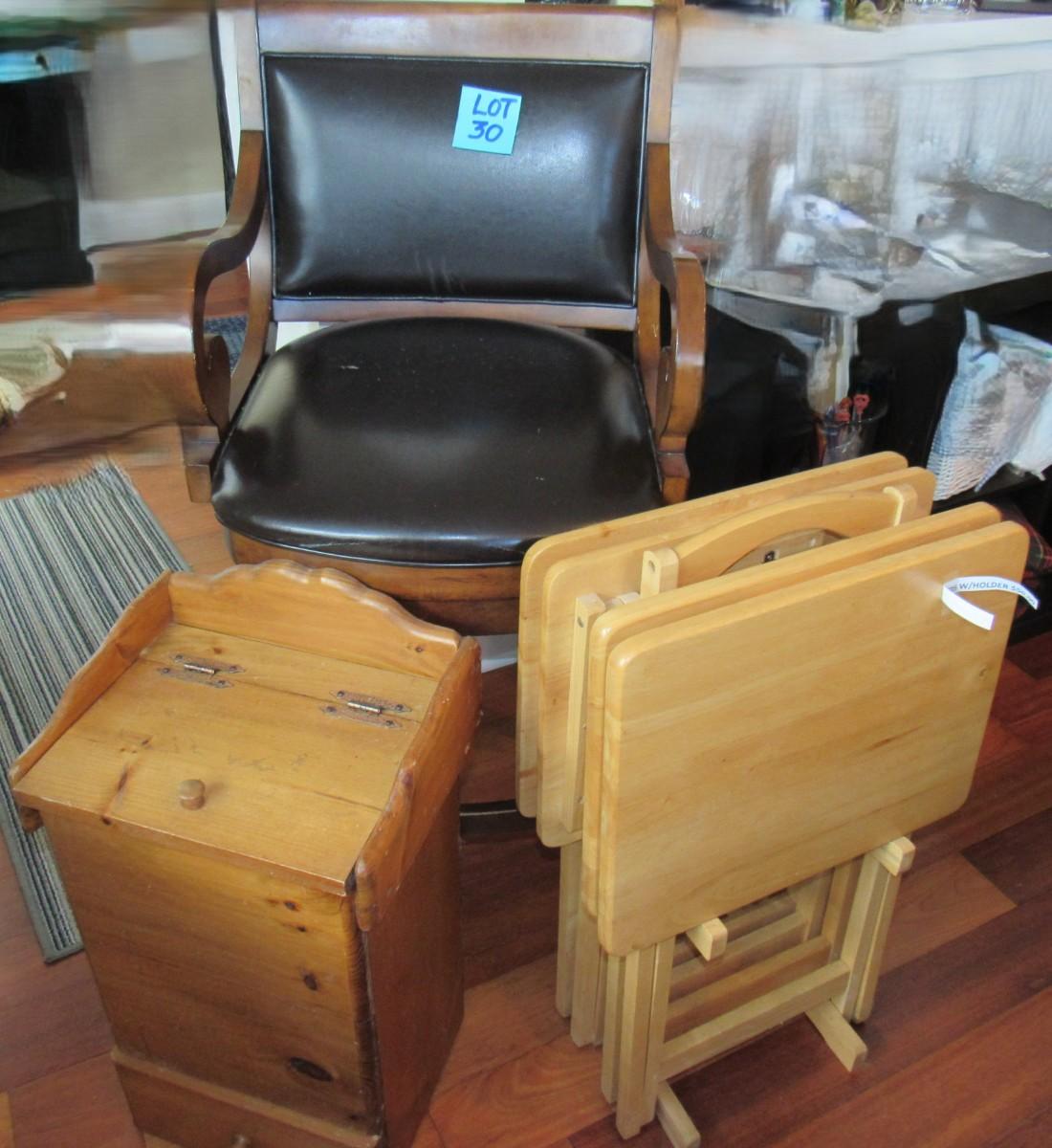 Lot 30-Highback Bar Stool, Wood Folding Dinner Trays W/Stand and wood ...