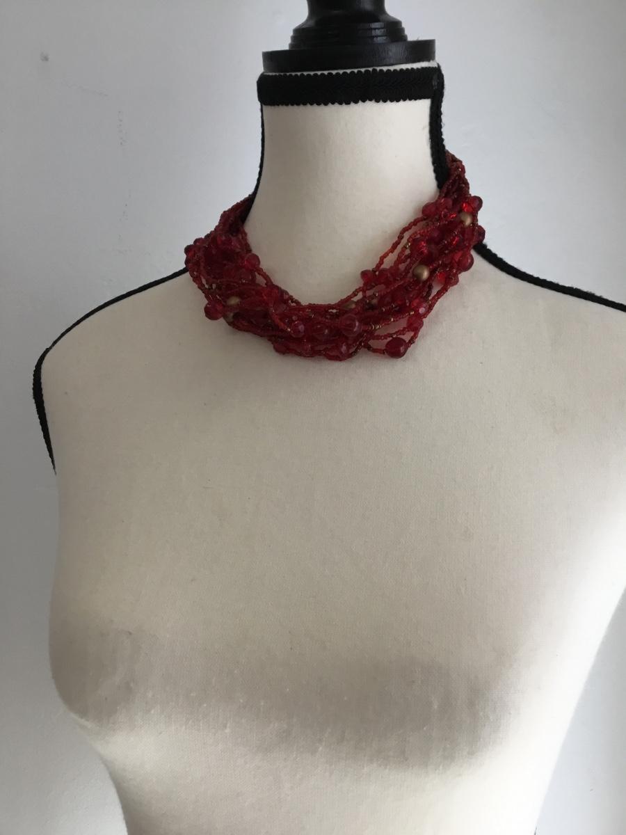 Silver tone red multi layer beaded necklace | EstateSales.org