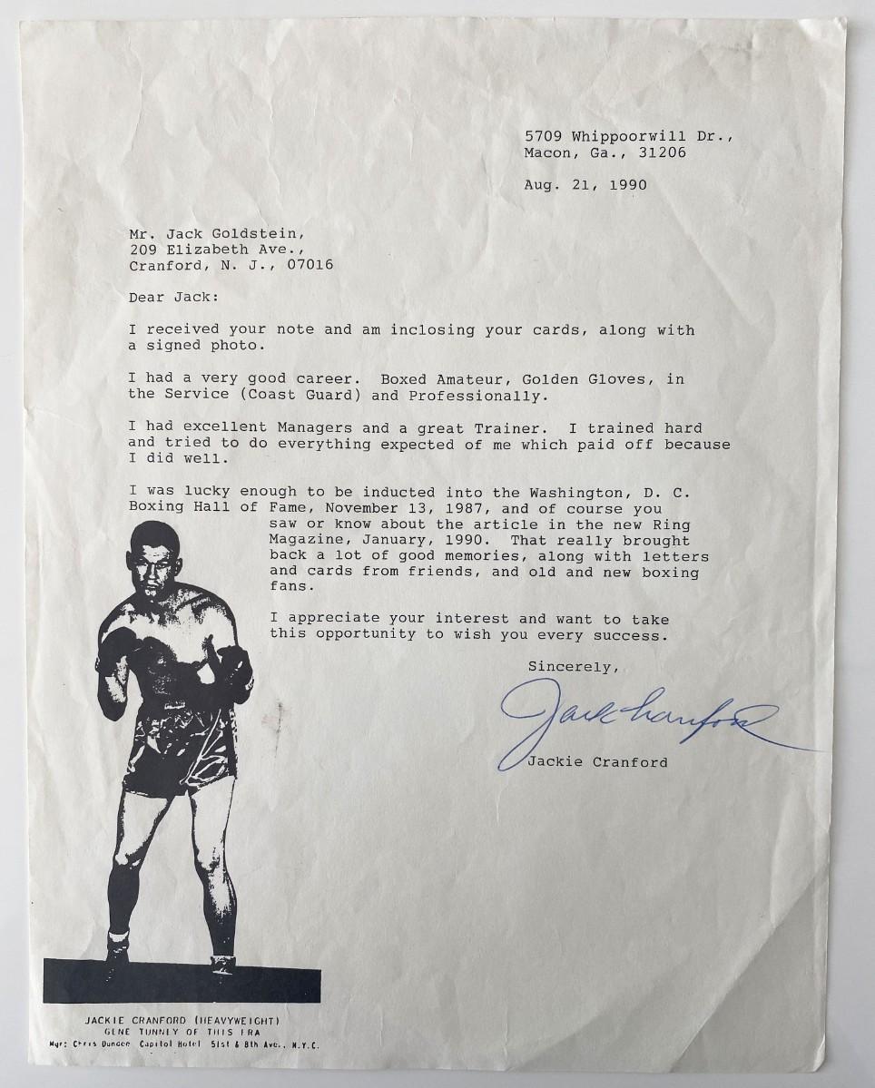 Boxing HOF Jackie Cranford signed letter | EstateSales.org