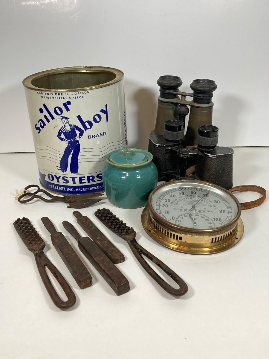 LOT 113: Oh Shucks - Vintage Oyster Shuckers, Sailor Boy Oyster Can, Binoculars, Humidity and ...