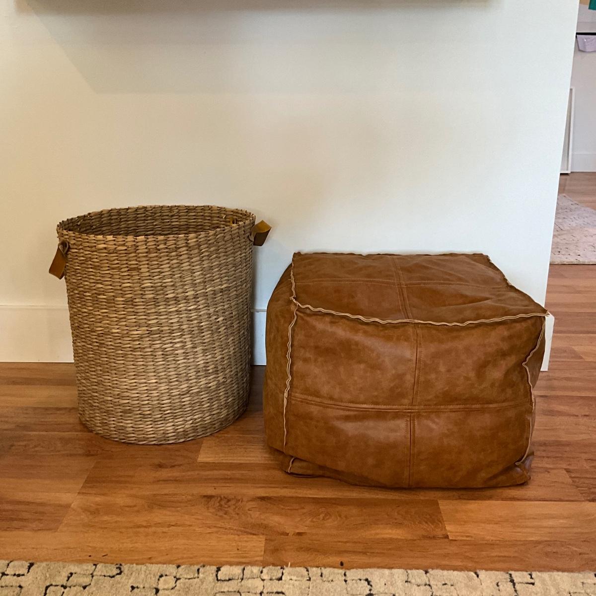 108 Square Leather Ottoman with Leather Handled Basket | EstateSales.org