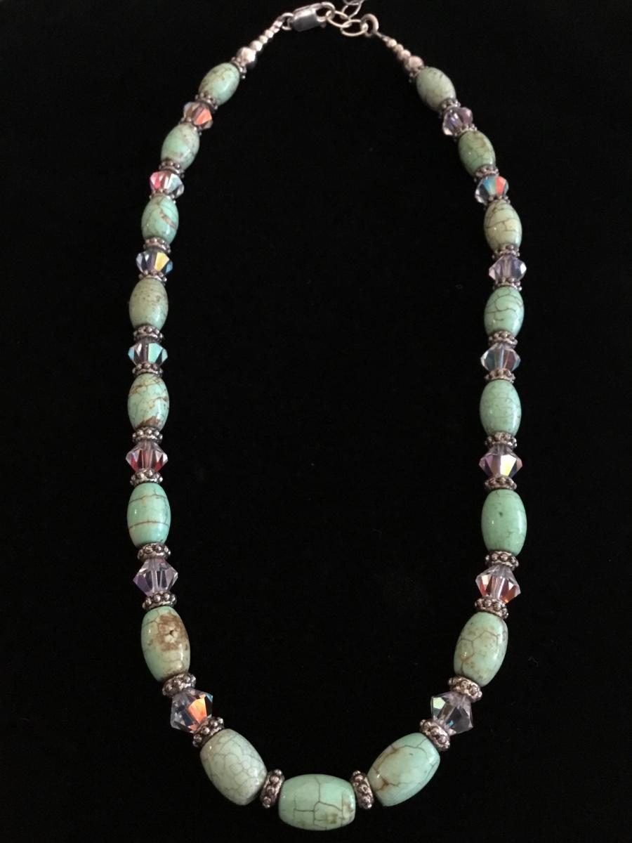 Blue green Howlite / faux turquoise bead with clear crystal bead ...