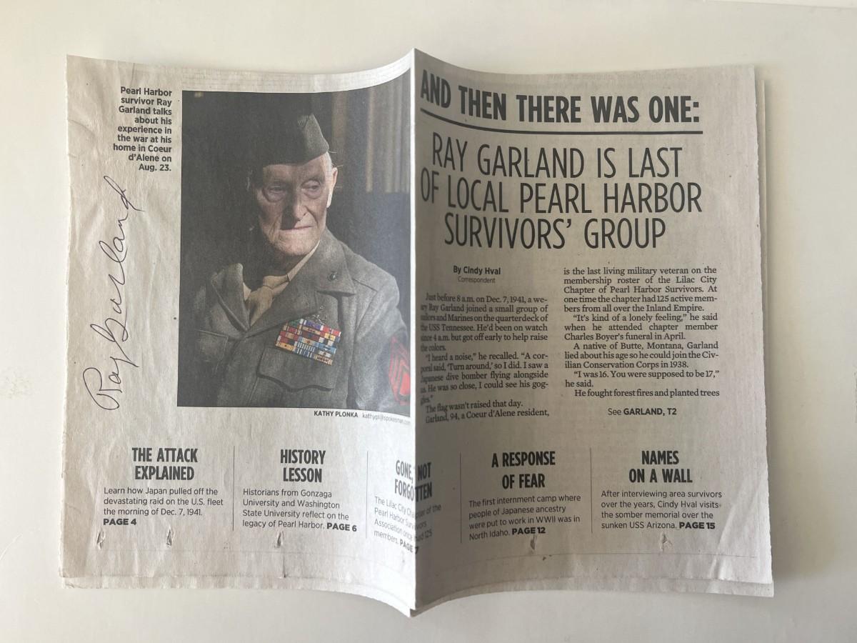 Pearl Harbor Survivor Ray Garland signed newspaper clipping ...