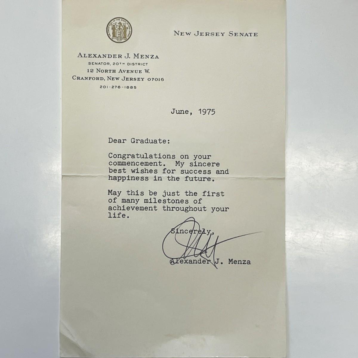 American Politician Alexander J. Menza signed letter | EstateSales.org