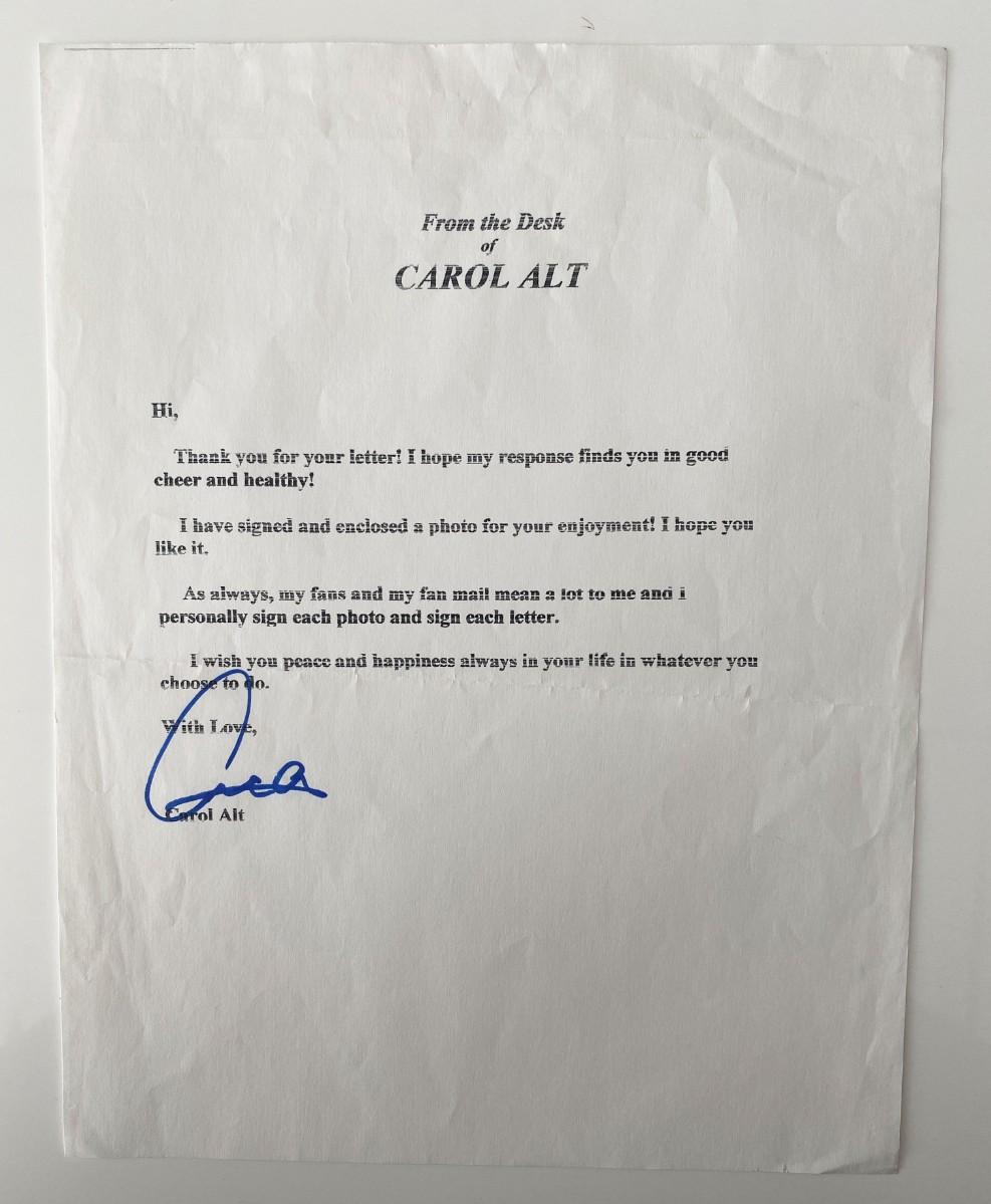 Carol Alt signed letter | EstateSales.org