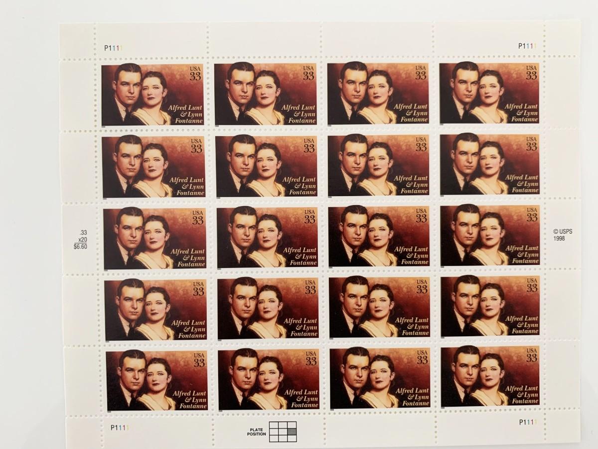 Alfred Lunt & Lynn Fontanne 20 x 33 Cent US Postage Stamps Scot #3287 ...